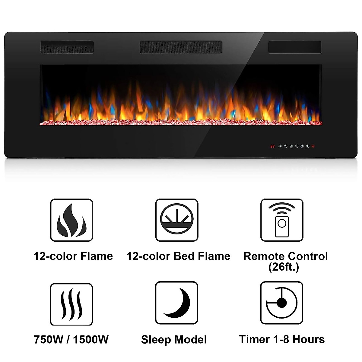 Joy Pebble 50 inch Electric Fireplace Inserts, in-Wall Recessed and Wall Mounted 750/1500W Fireplace Heater, Touch Screen, Remote Control with Timer, Adjustable Flame Color and Speed