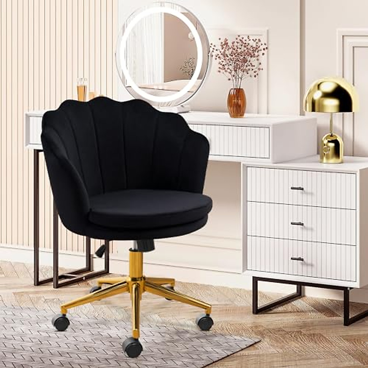 Furniliving Home Office Chair Velvet Desk Chair, Upholstered Modern 360°Swivel Chair with Shell-Shaped Back, Rolling Wheels for Office, Study, Vanity, Bedroom(Black)