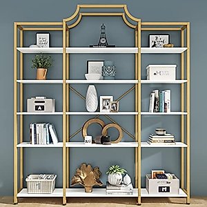 Auromie Triple Wide 5-Tier Bookshelf, 70.87" L x 79.13" H Extra Large Gold Bookcase, Tall Display Shelf with Metal Frame, Freestanding Etagere Storage Display Shelf for Home Office, White Gold