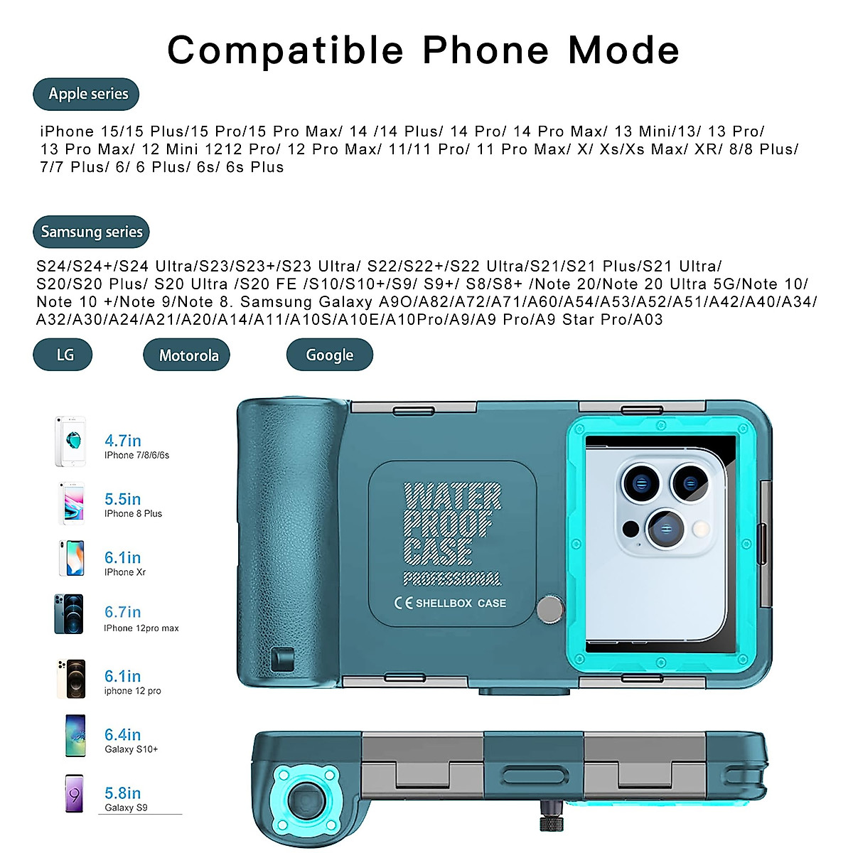 Underwater Snorkeling Diving Phone Case for iPhone 15/14/13/12/11 Pro Max/XR/XS/X Samsung Galaxy S24/S23/S22/S21, Professional Scuba Dive Waterproof Case Underwater Photo & Video Housing (Teal-Blue)