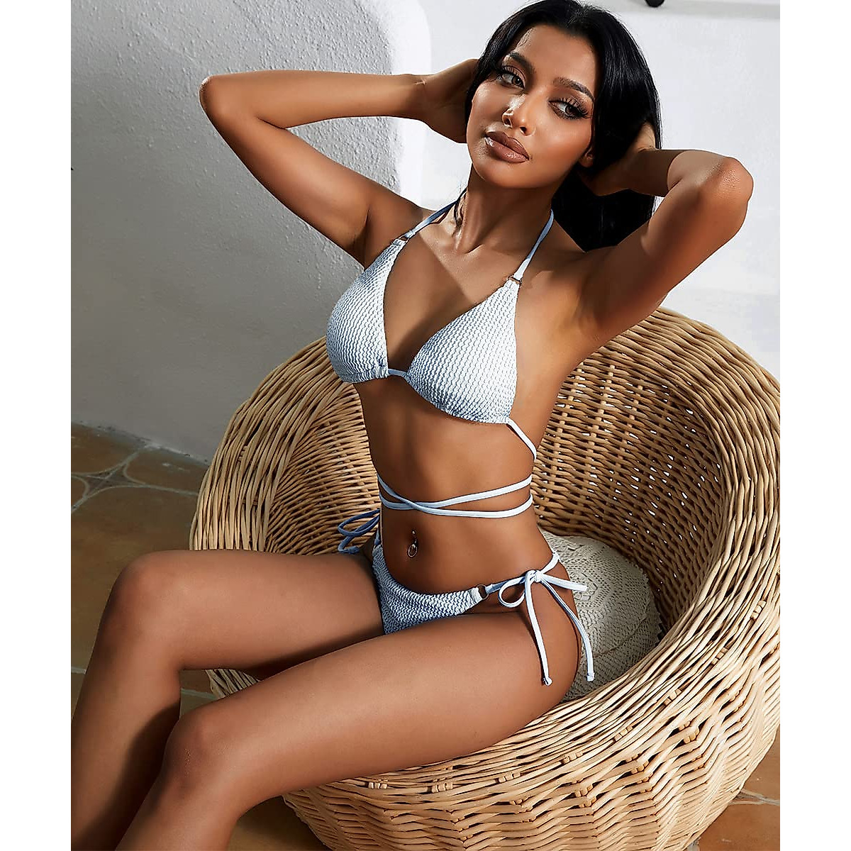 YIMISAN Sexy Two Piece Swimsuit fo Women Sexy Swimwear Halter String Triangle Thong Bikini Sets White