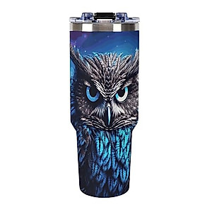 LLUTSNTH 40 Oz Vacuum Tumbler with Violet Handle Leakproof Insulated Tumbler Blue Owl Stainless Steel Travel Mug with Lid And Straw Coffee Cup Cute Water Bottles Cup Holder Friendly