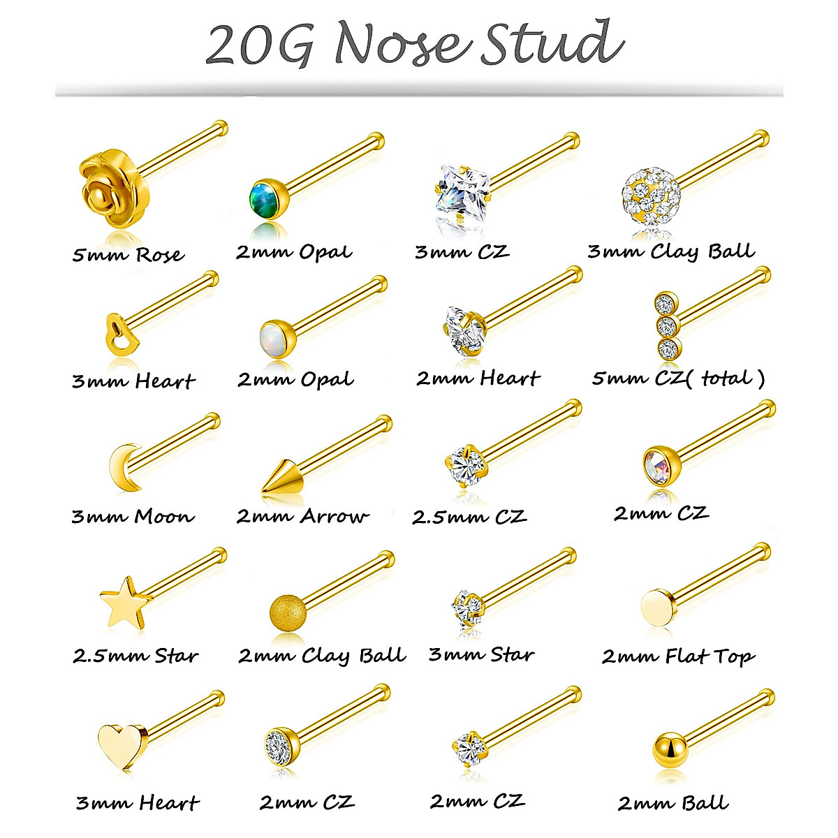 Tornito 20G 20Pcs Nose Ring CZ Nose Stud Retainer L Bone Screw Shaped Nose Piercing Jewelry Set for Women Men Stainless Steel Rose Gold Tone (D:20Pcs,Bone Shaped, Gold Tone)