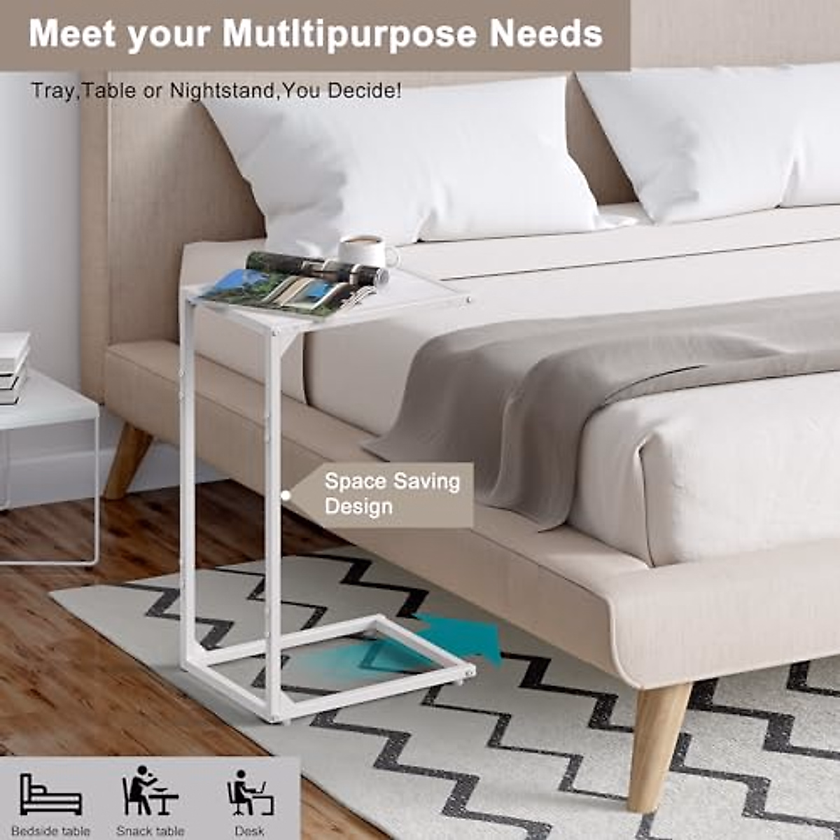 melos C Shaped End Table, Snack Side Table, C Tables for Couch, Couch Tables That Slide Under, for Living Room, Bedroom, White
