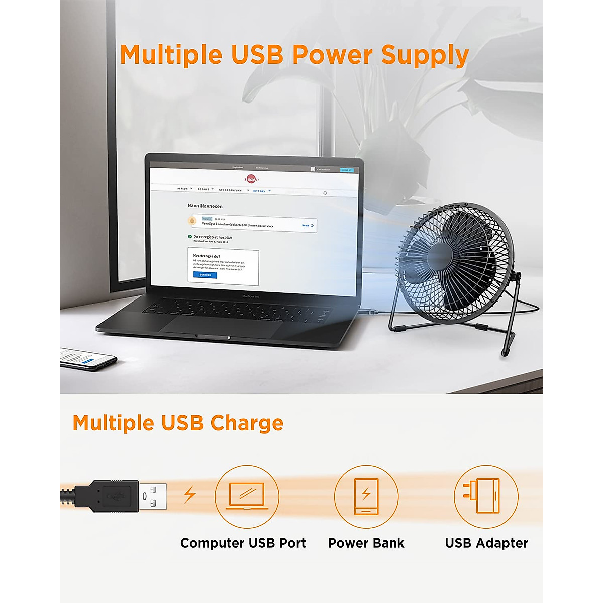 EasyAcc 6 Inch USB Desk Fan, Small USB Desk Fan, [Small Quiet Strong Airflow and 360° Rotating Personal Table Cooling Fan] USB Powered Portable Fan, 2 Speed（3.3~4.1 M/S Black (USB POWERED ONLY)