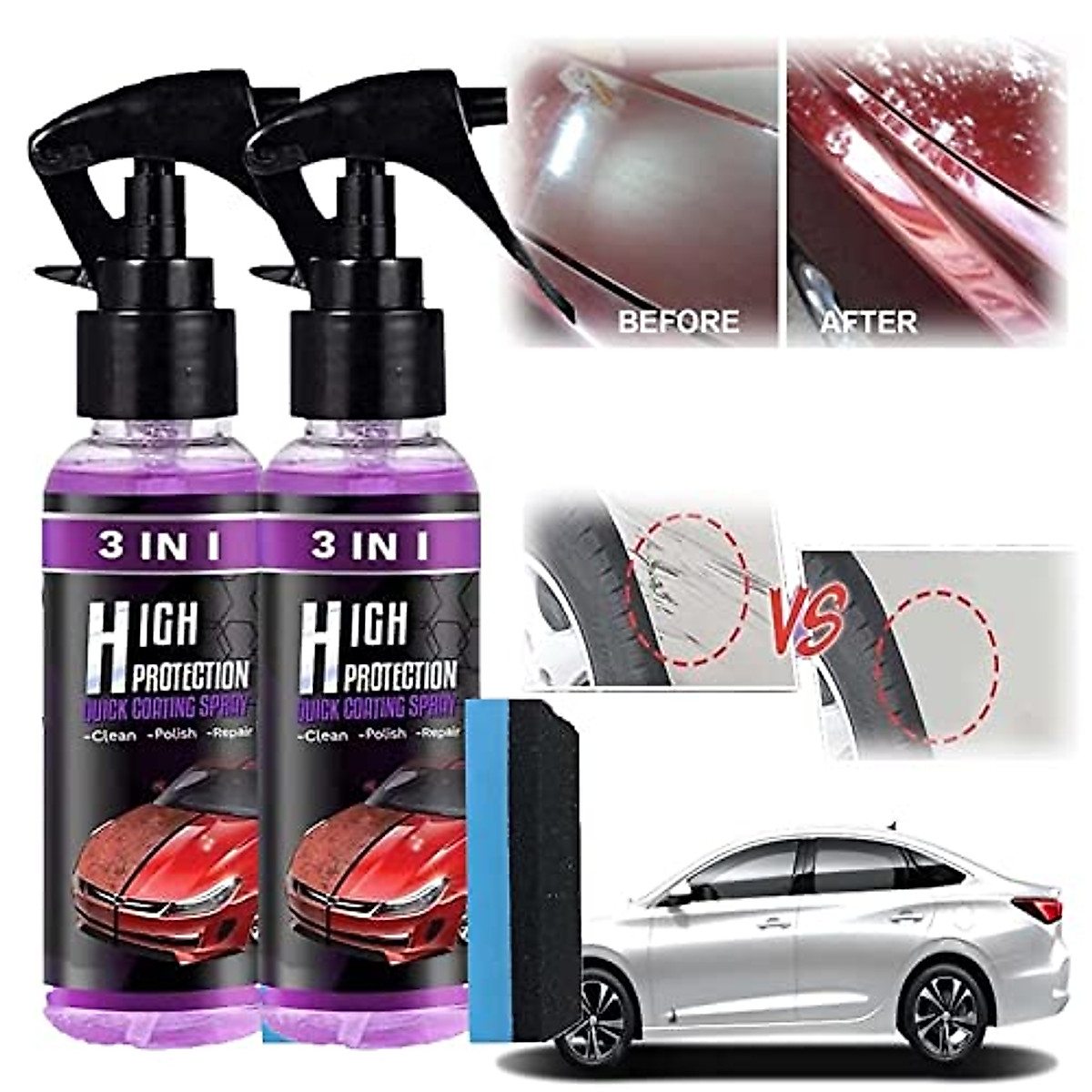 ICOVOIY 3 in 1 High Protection Quick Car Coating Spray, Extreme Slick Streak-Free Polymer Quick Detail Spray, Car Nano Repairing Spray Repair Scratches, Plastic Parts Refurbish Agent (2PCS,100ml)