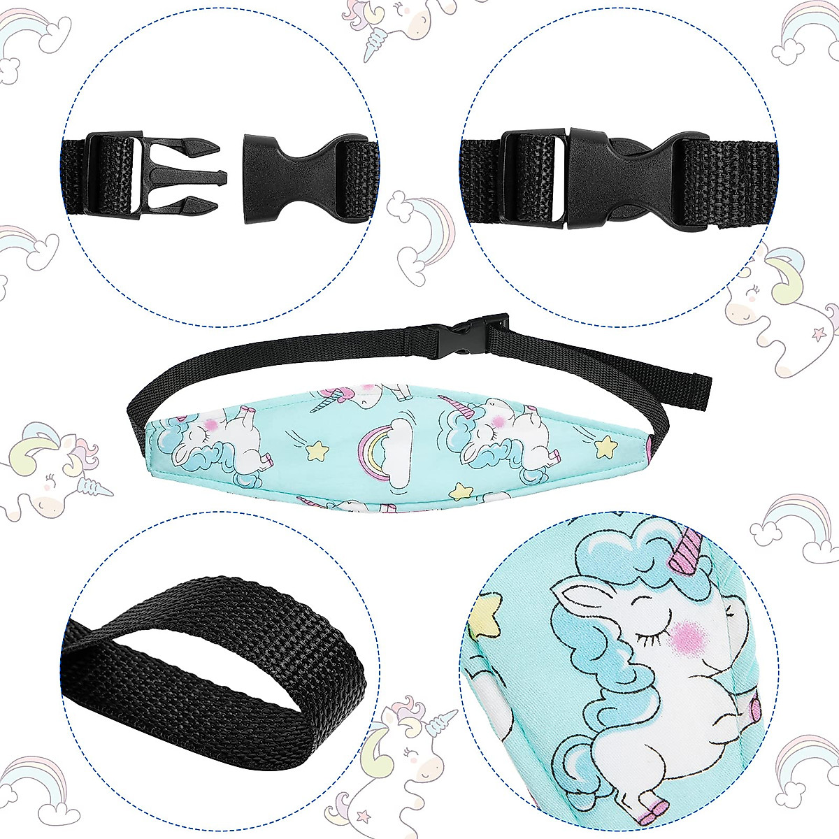 HESTYA 2 Pieces Baby Carseat Head Support Band Strap Headrest Stroller Seat Sleeping Headrest Neck Relief Head Strap Headband for Kids Children Toddler Infant(Unicorns and Dinosaurs)