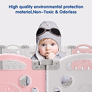 Albott Baby Playpen, Upgraded 18 Panels Foldable Fence with Game Panel and Safety Gate, Adjustable Shape, Portable Play Yards for Children Toddlers Indoors or Outdoors (Pink+White, Panel), 1.0 Sq Ft
