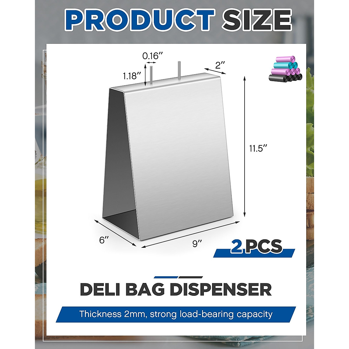 Blulu 2 Pcs Stainless Steel Deli Bag Dispenser Heavy Duty Sandwich Bag Holder Grocery Bag Stand for Retail Store Home Restaurant Kitchen , 11.5''H x 9''L x 6''D