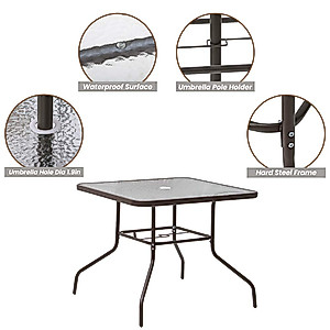 Crestlive Products 5 Piece Patio Dining Set with 4 Folding Chairs and Table Outdoor Dining Furniture with Square Glass Tabletop, Umbrella Hole for Bistro, Garden, Backyard, Deck (Beige)