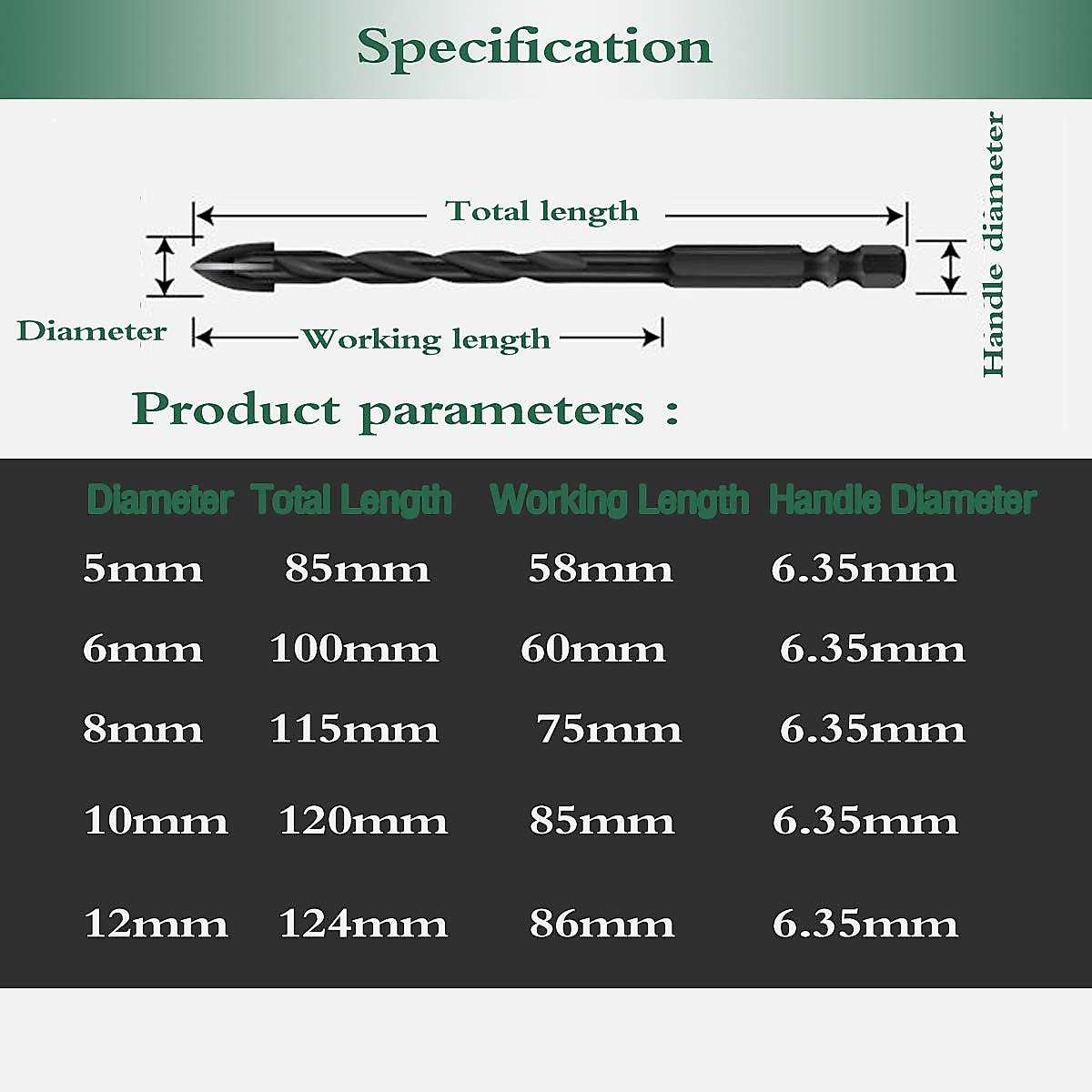 6PCS Ceramic Tile Drill Bits, JOERIC Masonry Drill Bits Set for Glass, Brick, Tile, Concrete, Plastic and Wood Tungsten Carbide Tip for Wall Mirror and Ceramic Tile with Size (5mm ~12mm).