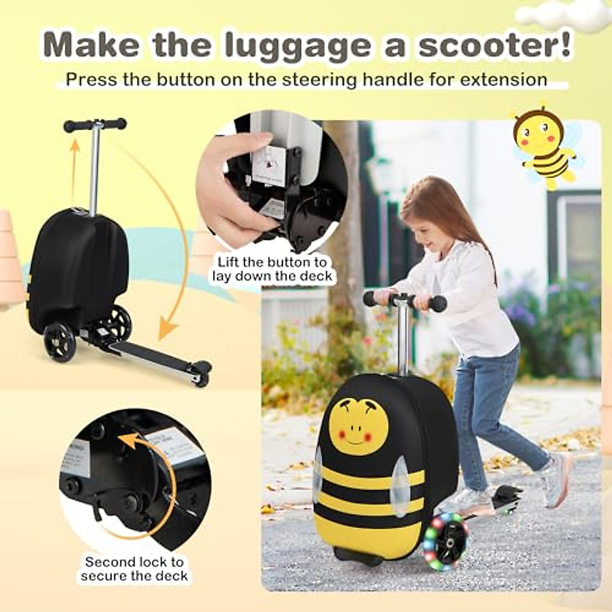 Goplus 2-in-1 Ride On Suitcase Scooter for Kids, Carry on Luggage with LED Flashing Wheels, Waterproof Shell, Retractable Steering Handle, Lightweight Folding Scooter for Boys Girls Travel (Bee)