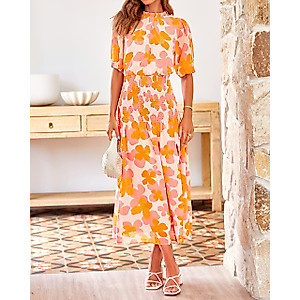 PRETTYGARDEN Women Summer Casual Ruffle Mock Neck Dress 2023 Short Sleeve Smocked Slit Boho Floral Midi Beach Dresses(Floral White Yellow,Large)