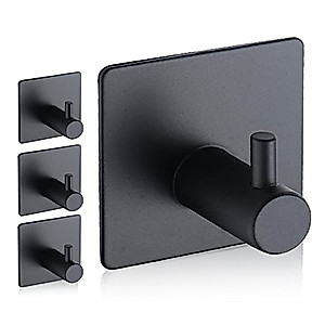 Self Adhesive Hooks, Waterproof in Shower Hooks for Hanging Loofah Sponge Towels Robes for Bathroom Black Removable Stick on Hooks Heavy Duty Stainless Steel Adhesive Wall Hook 4 Pcs