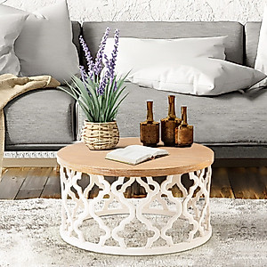 Clredg Round Farmhouse Coffee Table, Wood Grain Top Table with Curved Motif Frame Base for Rustic, Boho, Rustic, French Country Decor, Traditional White