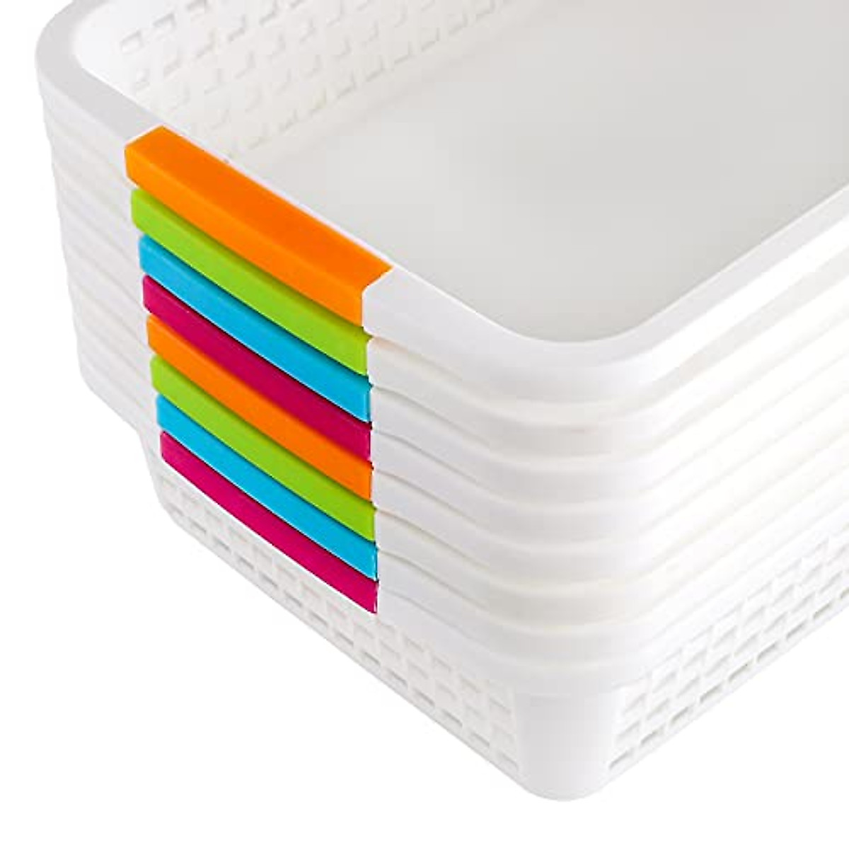 Lawei 8 Pack Plastic Sorage Basket with Handle - 12 x 7.6 x 2.6 inch Pantry Organizer Basket Bins Shelf Baskets for Organization, Countertops, Cabinets, Bedrooms, Bathrooms