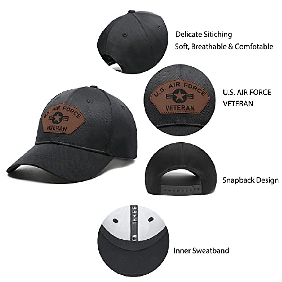 Foakecb US AIR Force Veteran Hat with Leather Patch Military Insignia Cap for Men and Women- Black