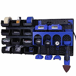 OmniWall PowerStation- 32"x16" Metal Pegboard Wall Storage With Bin Storage For Cordless Drills Black/Blue