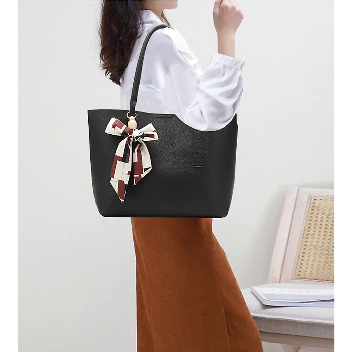 Soft Pebbled Faux Leather Tote Shoulder Bag with Bowknot Large Capacity Satchel Handbag Purse