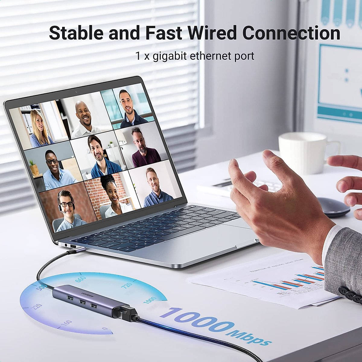 UGREEN USB C to Ethernet Adapter, 4 in 1 USB C Hub Ethernet with 3 USB 3.0 Ports/Gigabit Rj45, Plug & Play, Thunderbolt (3/4) to Network Adapter for MacBook Pro/Air, XPS, iPad Pro, iPhone 15 Pro/Max