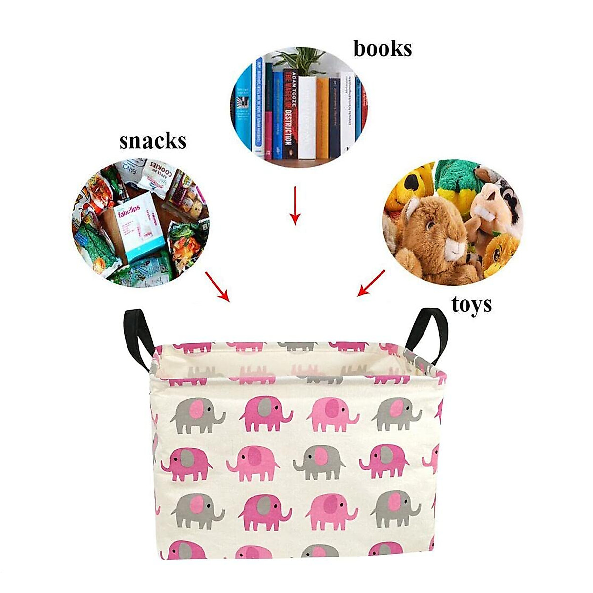 HUAYEE Elephant Print Rectangular Storage Bin Shelf Basket Canvas Fabric Toy Box,Waterproof Coating Nursery Hamper with Handles,Gift Basket for Home,Office,Clothes,Books(pink grey elephant)