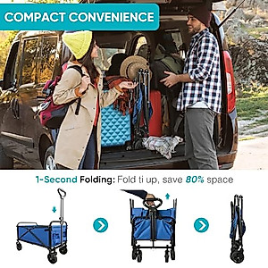 Collapsible Foldable Wagon, Beach Cart Large Capacity, Heavy Duty Folding Wagon Portable, for Outdoor Sports, Shopping, Camping, Blue