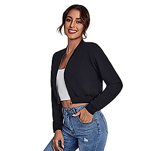 SweatyRocks Women's Casual Long Sleeve Solid Zip Up Coat Crop Bomber Jacket Black M