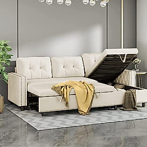 Mjkone Pull Out Sofa Bed, Sectional Sleeper Sofa with Storage, 3 Seat Couch with Chaise Lounge, Velvet Couch with Pull Out Bed, L Shaped Sectional Sofa Couches for Living Room Apartment, Beige