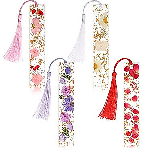 4 Pieces Dried Flower Resin Bookmarks Handmade Transparent Floral Dried Flower Page Marker with Colorful Silky Tassel for Women Girls Adults Kids Christmas Gift