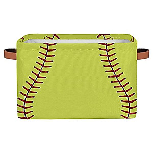 Large Storage Baskets for Organizing Shelves Sport Softball Yellow Baseball Foldable Cube Storage Bins with Handles Rectangle Fabric Closet Organizers for Home Toys Nursery, 1 Pack