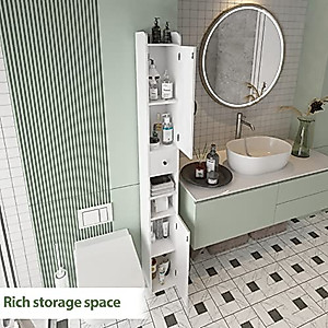 Bathroom Cabinet with Adjustable Shelf, Storage Cabinet for Small Space, Tall Bathroom Storage Cabinet with Retractable Toilet Paper Rod, Narrow Cabinet with 2 Doors, 8 Storage Compartments (White)