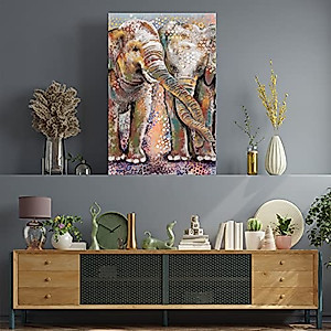 OuElegent Elephant Painting Canvas Wall Art Elephant Couple Graffiti Art Print Wlidlife African Animal Pictures Love Artwork for Home Living Room Bedroom Framed Ready to Hang