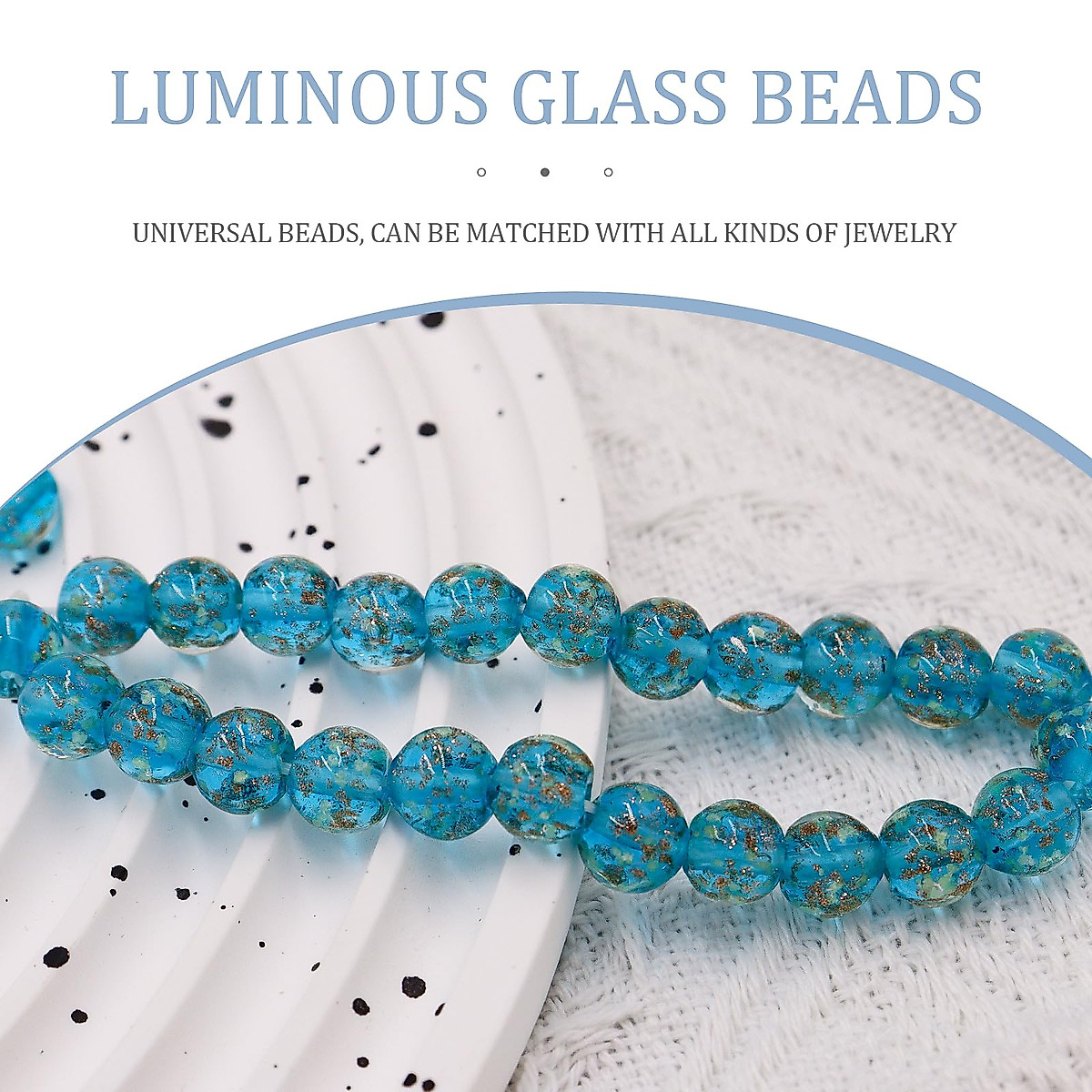 100Pcs Luminous Glass Beads Sky Blue 8mm Round Beads Glow Crystal Loose Beads with Rope for DIY Craft Bracelet Jewelry