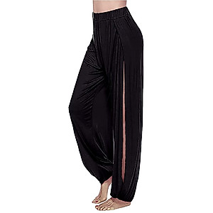 ARJOSA Women's Side Slit Harem Yoga Pants Split Wide Leg Lounge Beach Pants Pajama Bottoms (Medium, Black)