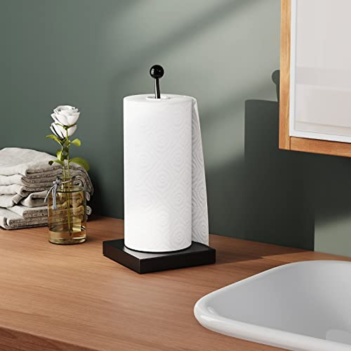 Paper Towel Holder Countertop Stand - GSlife Weighted Standing Paper Towel Roll Holders for Kitchen, Durable Metal - Elegant Black