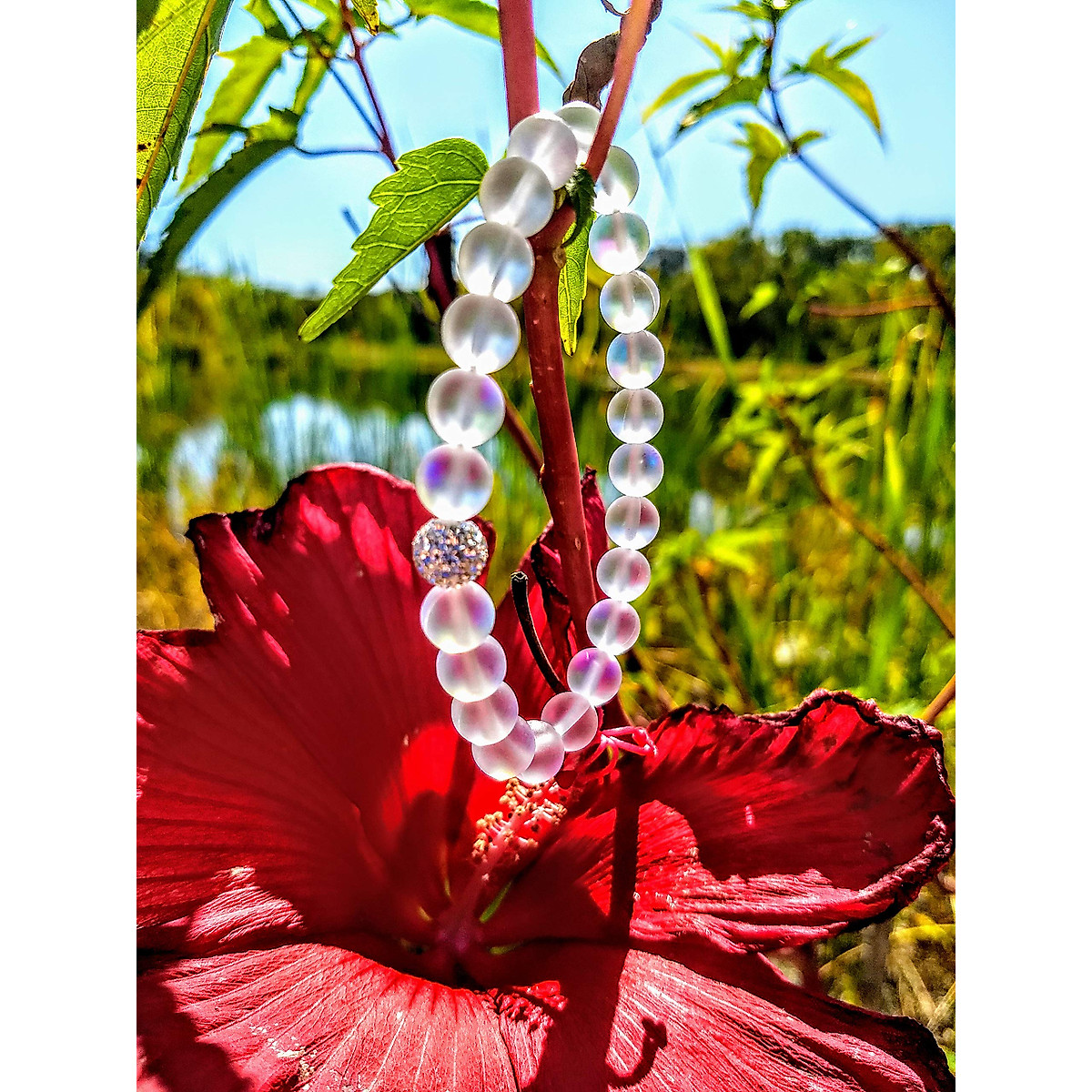 Hope Inspired Mystic Mermaid Glass Friendship Bracelet with 8 mm Frosted White Glowing Moonstone Beads