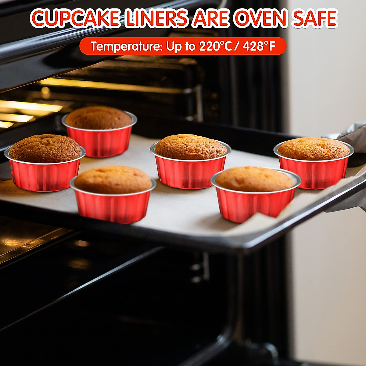 100 Pack Disposable Ramekins with Lids 8 oz Creme Brulee Ramekin Aluminum Foil Cup Cupcake Liner for Baking Disposable Muffin Tin Pan Cheesecake Container for Catering Wedding Party (Red, Silver)