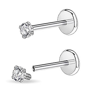 PunkTracker 16g/18g Surgical Steel Internal Thread CZ Stud Piercing Jewelry for Tragus/Nose/Helix/Conch/Medusa/Lip/Labret - Helix Tragus Cartilage Earring for Women Men 2PCS