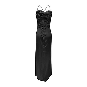 Business Dresses for Women Ladies Simulated Silk Sleeveless Back Strap Side Slit Long Suspender Dress Black