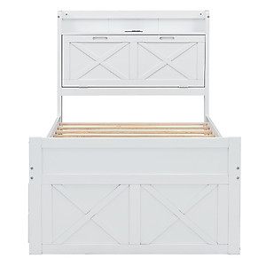 Luckiofvonne Twin Bed Frame with Storage Headboard & Charging Station, Wood Captain Bed with Trundle and Drawers, Farmhouse Platform Beds for Kids Boys Girls, Noise Free, No Box Spring Needed, White