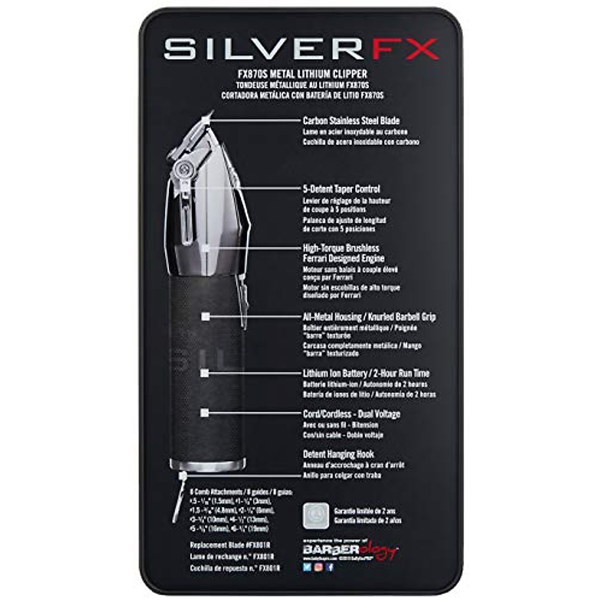 BaBylissPRO Barberology Hair Clipper For Men FX870S SILVERFX Cord/Cordless Professional Hair Clipper