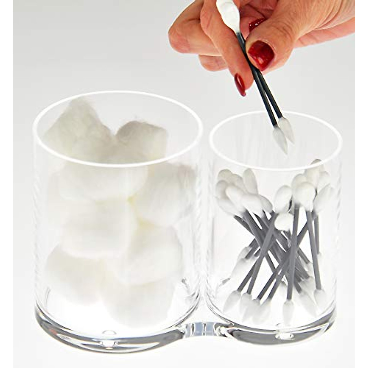 Home-X Clear Acrylic Cotton Ball and Swab Holder Set, 2 Attached Jars with Seashell Lids for Bathroom Storage, 6" L x 3 ¼ " W x 4 ¾ " H, Clear