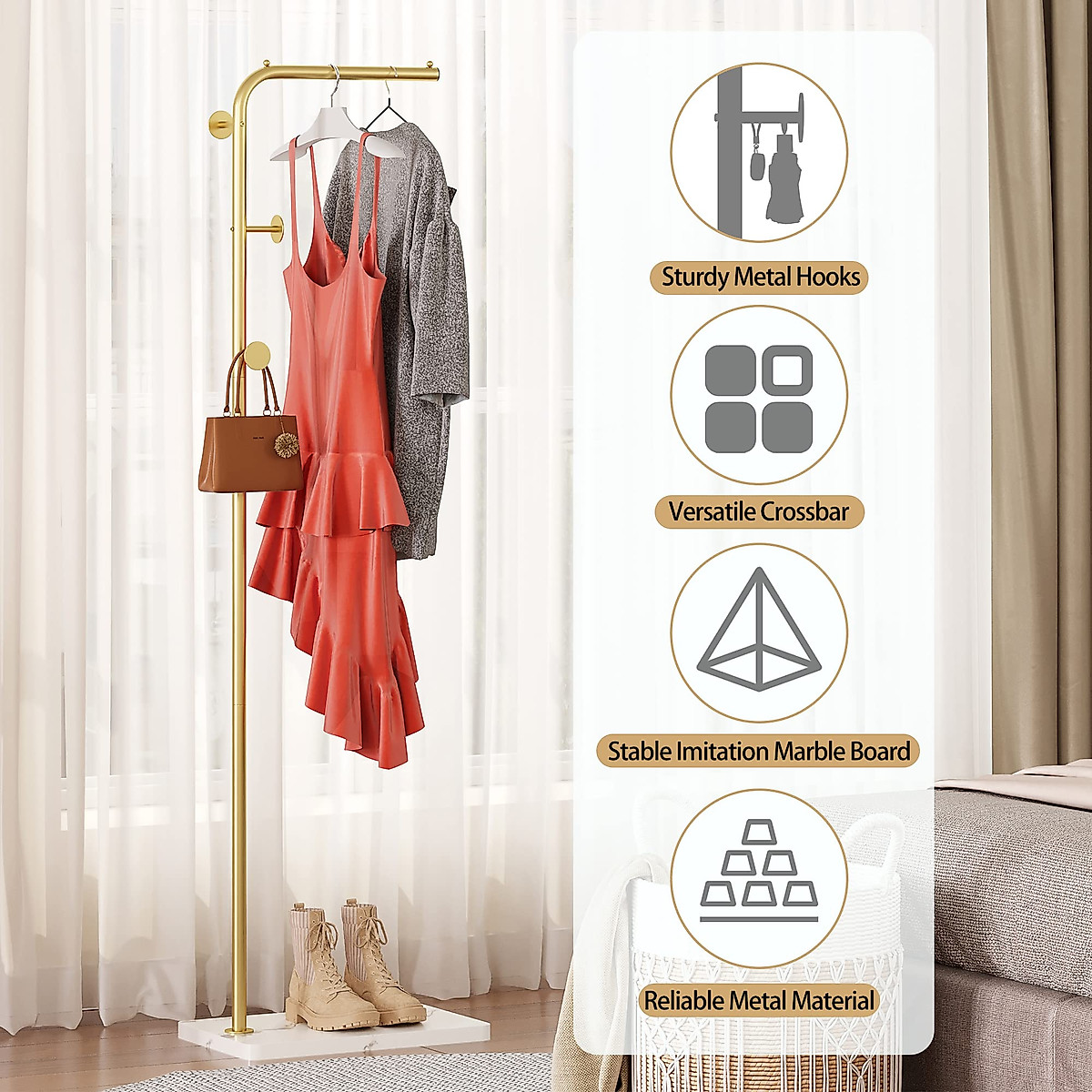 HOMEFORT Metal Coat Rack, Modern Coat Tree with 3 Hooks, L Shaped Coat Hanger Stand, Freestanding Coat Rack for Entryway and Corner, Gold