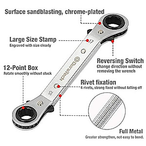 DURATECH 5 Pc Double Offset Box End Reversible Ratcheting Wrench Set Metric, Heavy-duty, Matte Chrome Plated, Ratchet Spanner Crooked for Narrow Spaces (6x8mm, 10x12mm, 13x14mm, 15x17mm, 19x21mm)