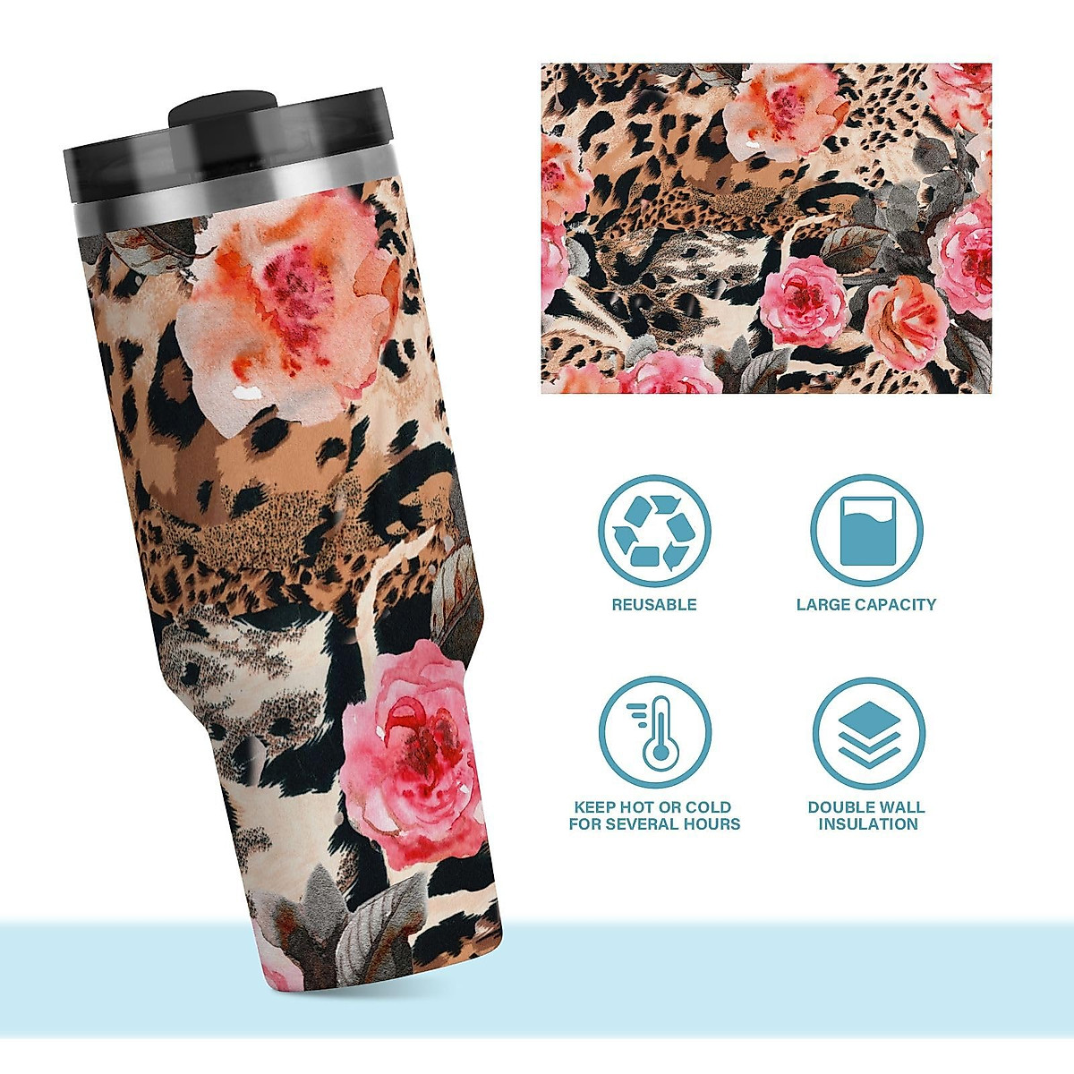 Yasala Car Tumbler with Handle Vintage Leopard Floral Art Travel Mug Coffee Cup Insulated Beverage Container Mega Cup for Hot Cold Drinking Thermos Water Bottle Cupholder Friendly 40 oz