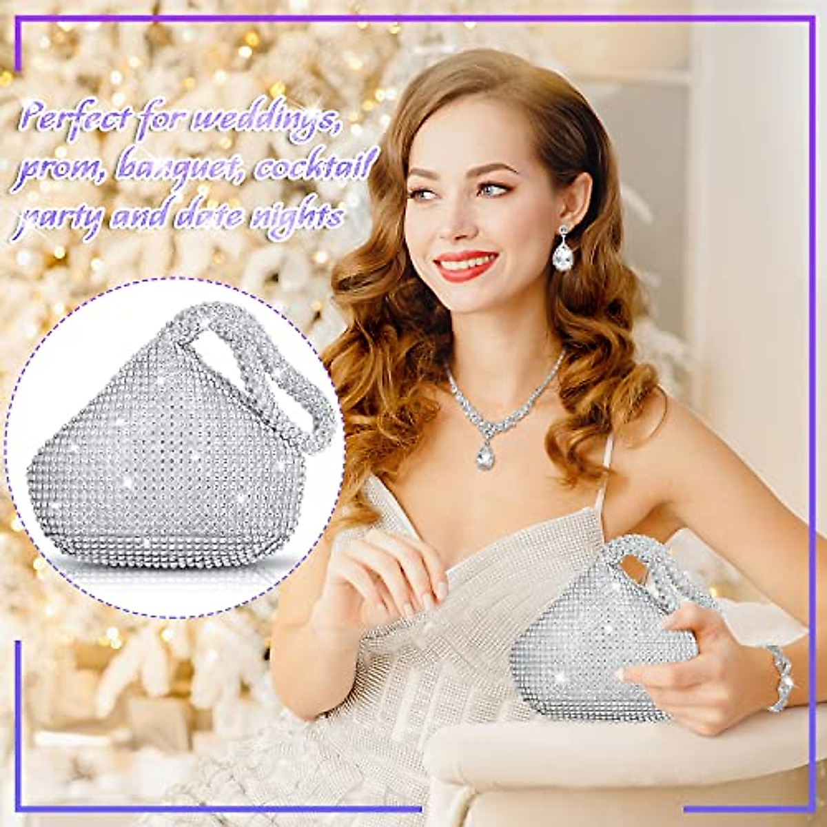 Meanplan 4 Pcs Silver Purse Jewelry Set for Women Rhinestone Wedding Bride Jewelry Prom Evening Party Accessories Silver Clutch Purse (Modern Style)