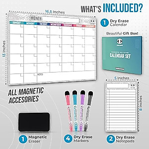 CLEVER CORNER Dry Erase Magnetic Calendar for Refrigerator 16.5x13; 2 Wide Notepads; 4 Markers; Eraser - No Stain Monthly Fridge Calendar Whiteboard