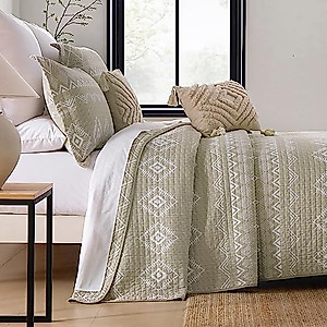 Finlonte King Size Quilt, 100% Cotton Lightweight Boho King Bedspread, Beige White Striped Geometric Soft Reversible Quilt King Size Bedding Set for All Season, 3-Pieces
