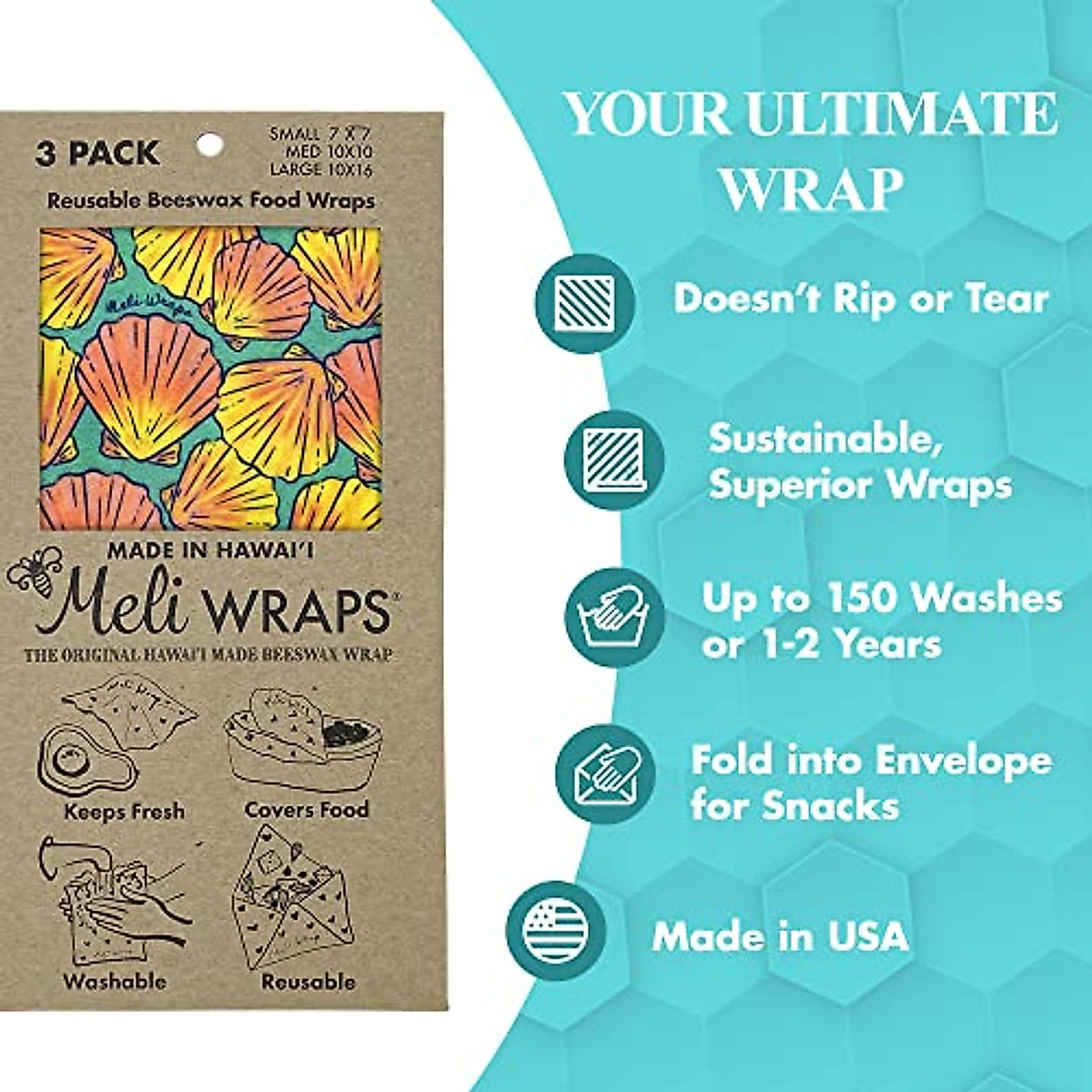 Meli Wraps - 3-Pack Reusable Beeswax Wraps for Food, Eco-Conscious Food Storage, Small, Medium and Large Food Wrap, Shells