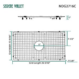 Serene Valley Sink Bottom Grid 26-9/16" X 15-9/16", Centered Drain with Corner Radius 3/8", Sink Protector NDG2716C